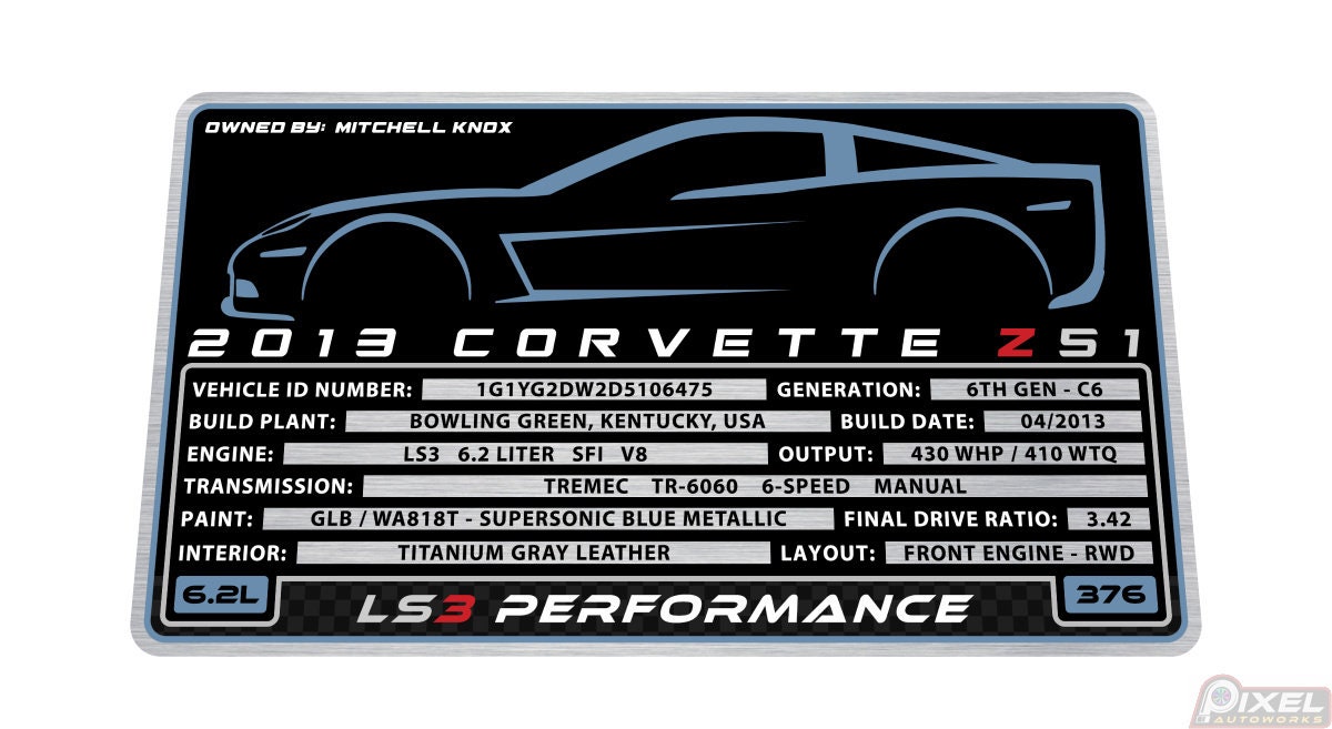 C6 Corvette Custom Aluminum Engine Bay Dress up Plaque Car Show 2005 ...