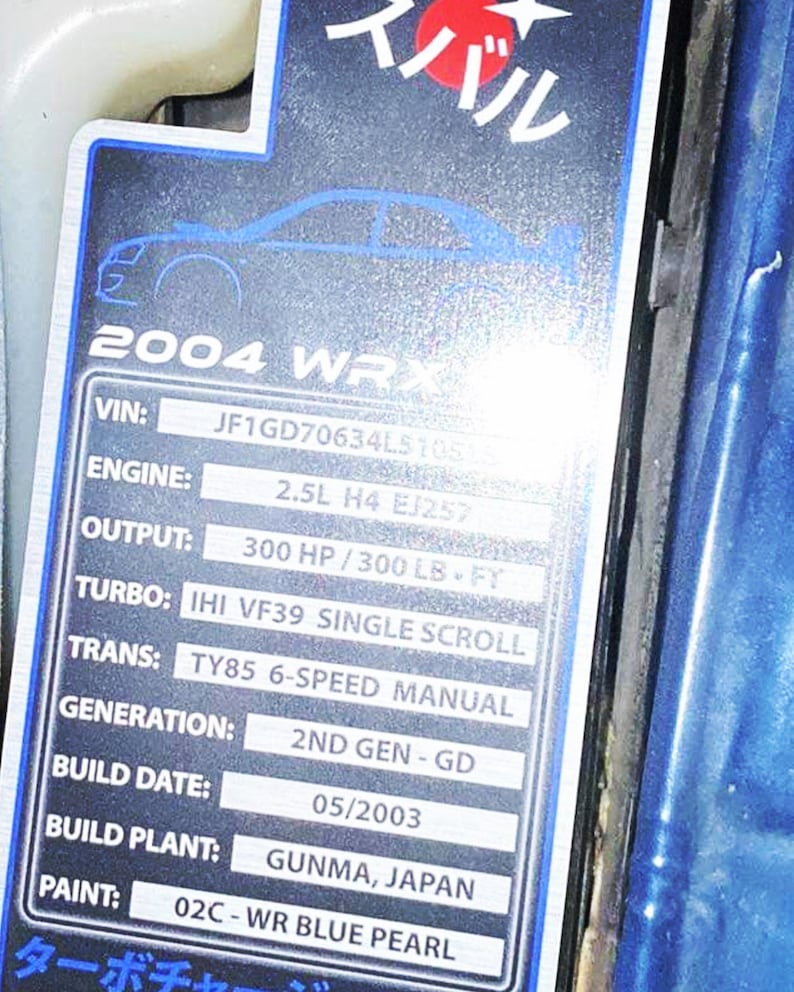 Subaru WRX STI Custom Aluminum Engine Bay Dress up Plaque Car Show 2002 ...