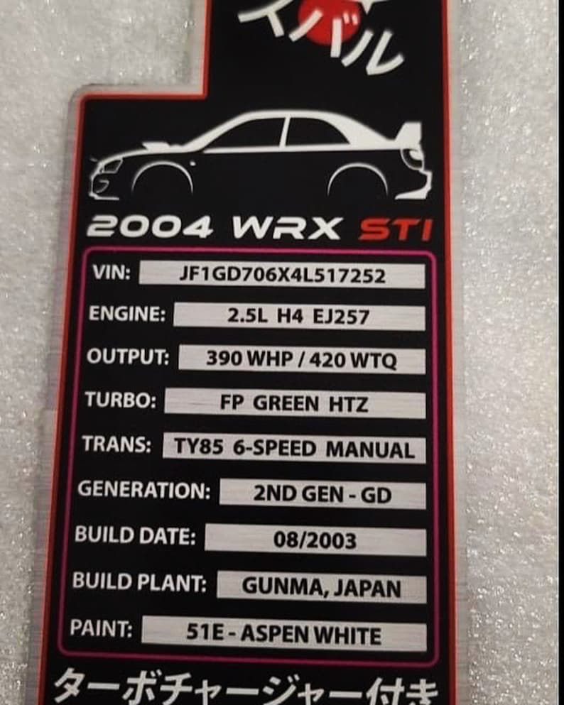 Subaru WRX STI Custom Aluminum Engine Bay Dress up Plaque Car Show 2002-2007 - Etsy