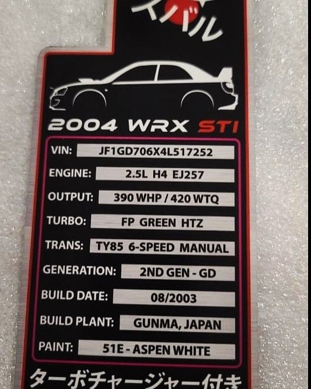 Subaru WRX STI Custom Aluminum Engine Bay Dress up Plaque Car Show 2002 ...