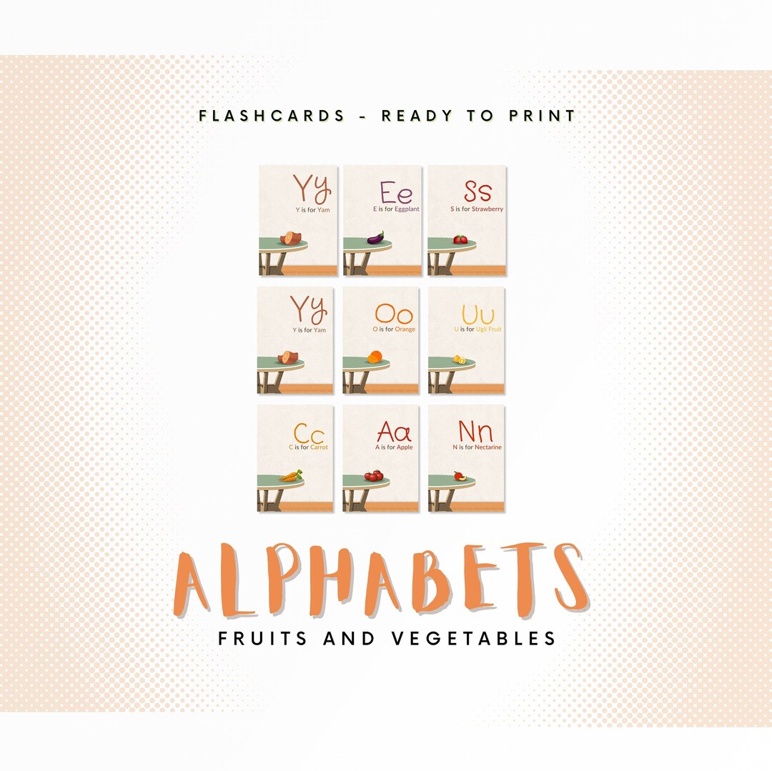 Printable Alphabet Flashcards Fruits And Vegetables ABC - Etsy España