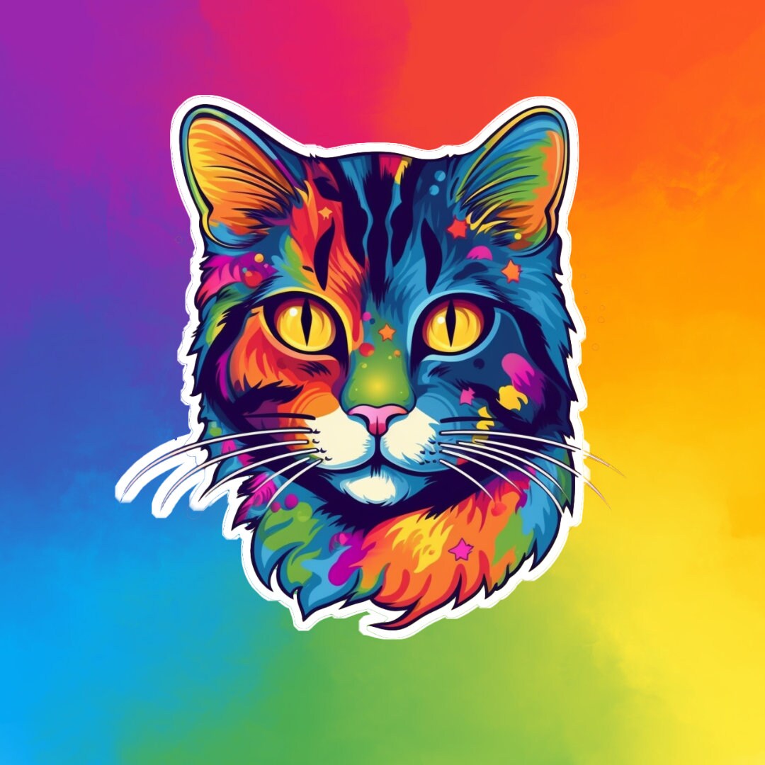 Lisa Frank Inspired Rainbow Cat Sticker Cat Head Vinyl Decal - Etsy