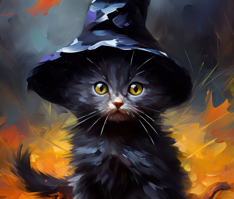 Halloween Cat Oil Painting Digital Print Black Cat Wall Art - Etsy