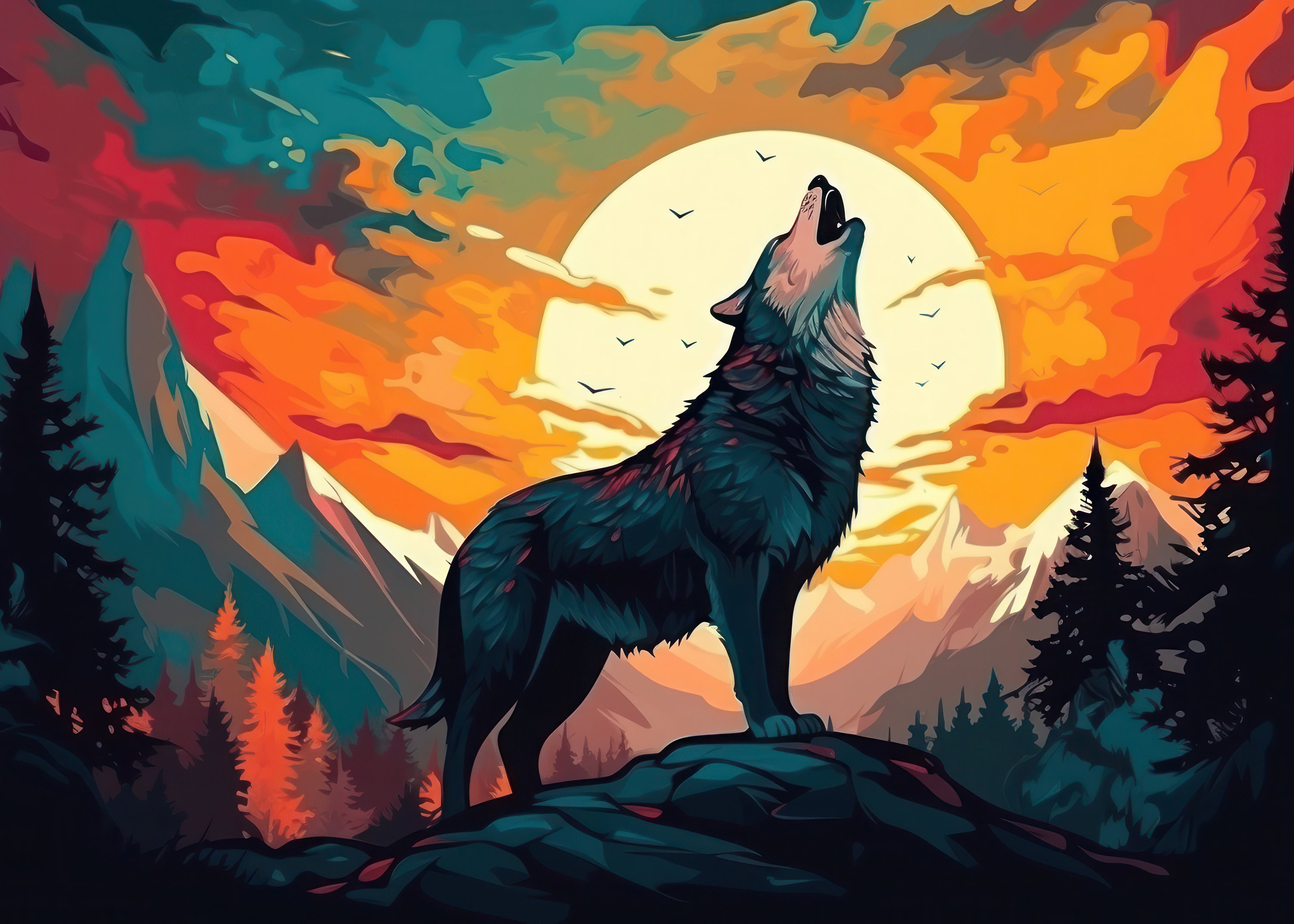 Wolf Digital Art, Howling Wolf Poster, Print Wall Art, Wolf Painting, Colorful Boho Wall Art ...