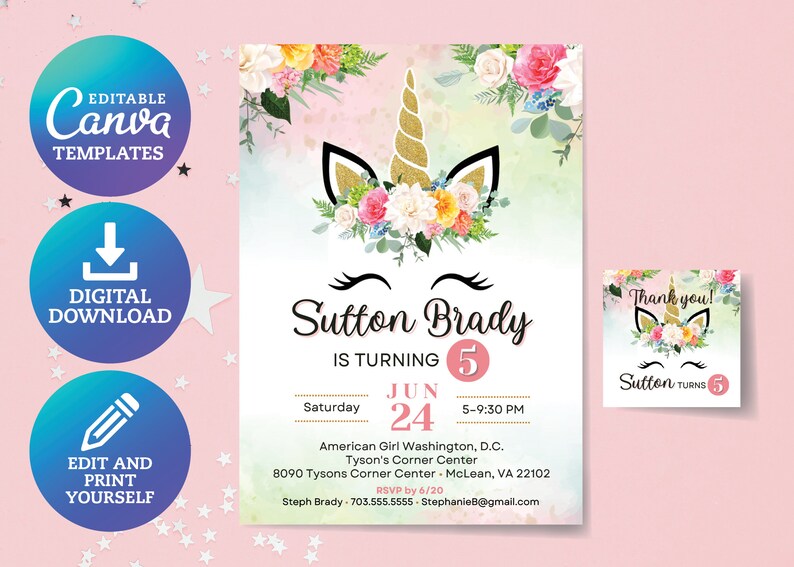 Unicorn Birthday Invitation 5x7 & Favor Tag 2x2 Digital Editable ...
