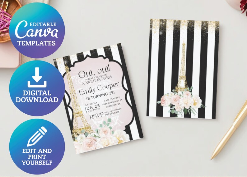 Parisian Birthday Invitation 5x7 & Favor Tag 2x2 Digital Editable ...