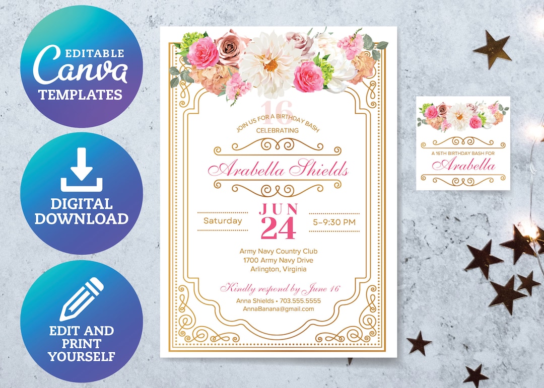 Vintage Frame and Flowers Formal 16th Birthday Invitation 5x7 & Favor ...