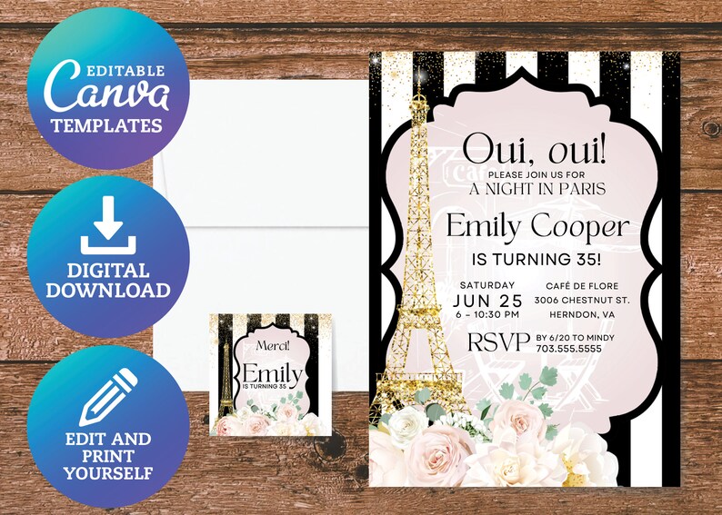 Parisian Birthday Invitation 5x7 & Favor Tag 2x2 Digital Editable ...