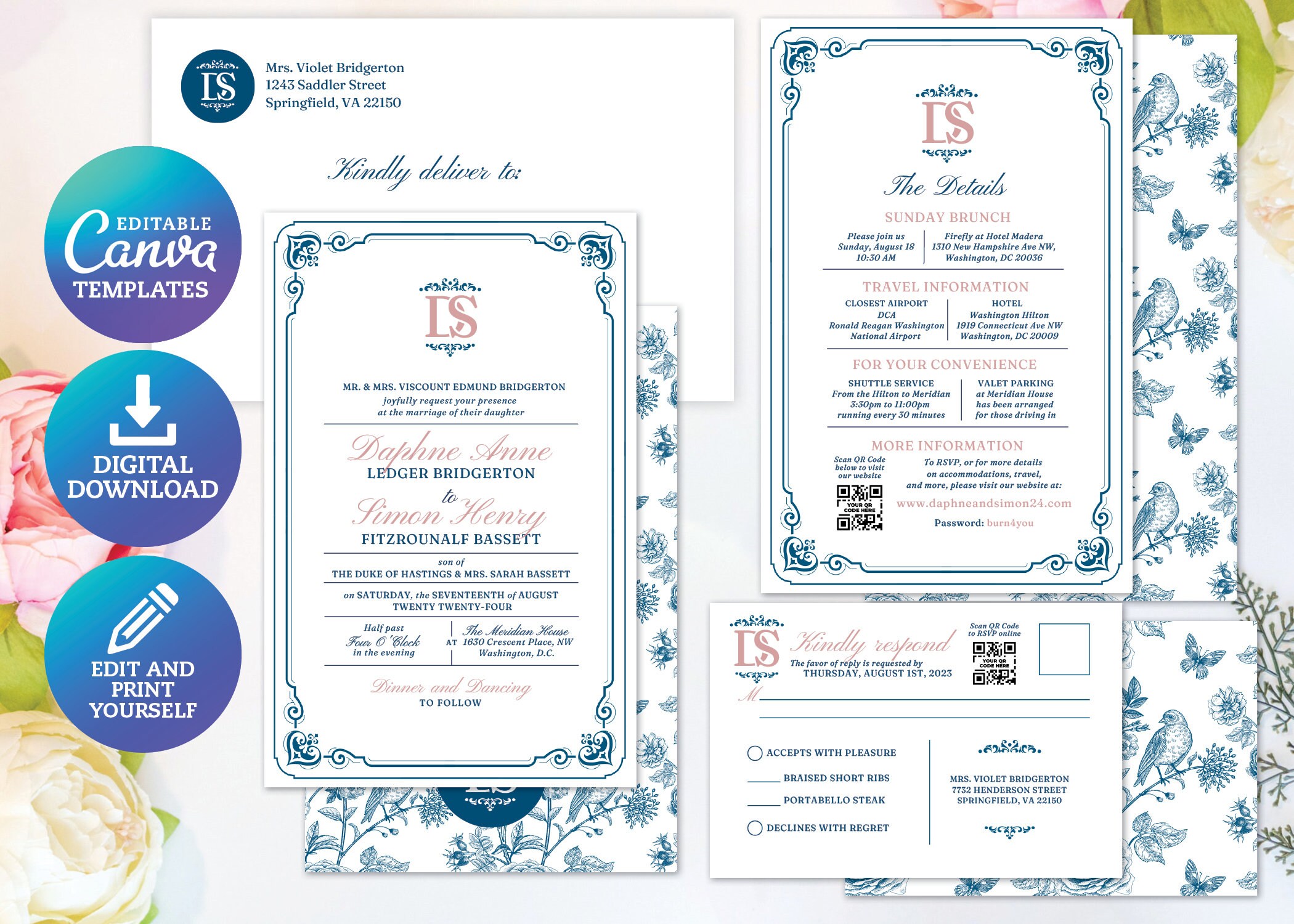 Regency-style Bridgerton Blue Wedding Invitation Package: Digital ...