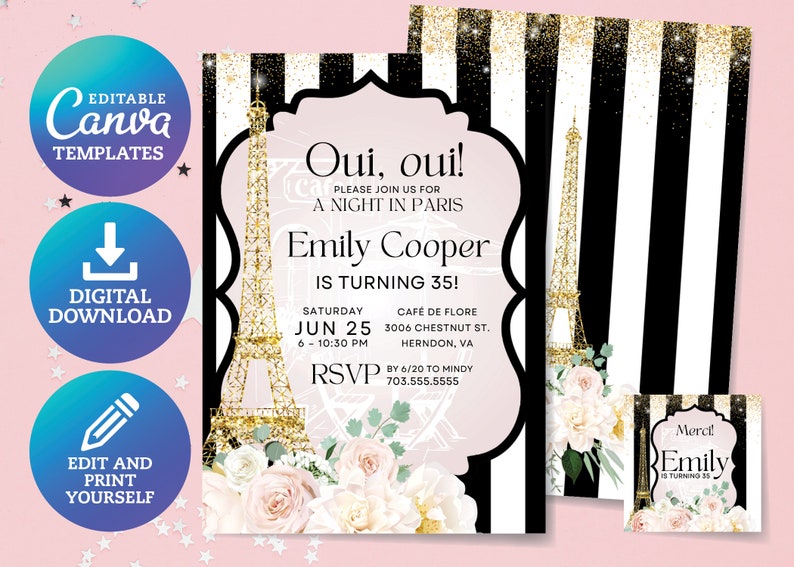 Parisian Birthday Invitation 5x7 & Favor Tag 2x2 Digital Editable ...