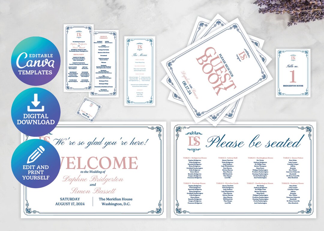 Regency-style Bridgerton Blue Wedding Day Printables Package: Digital ...