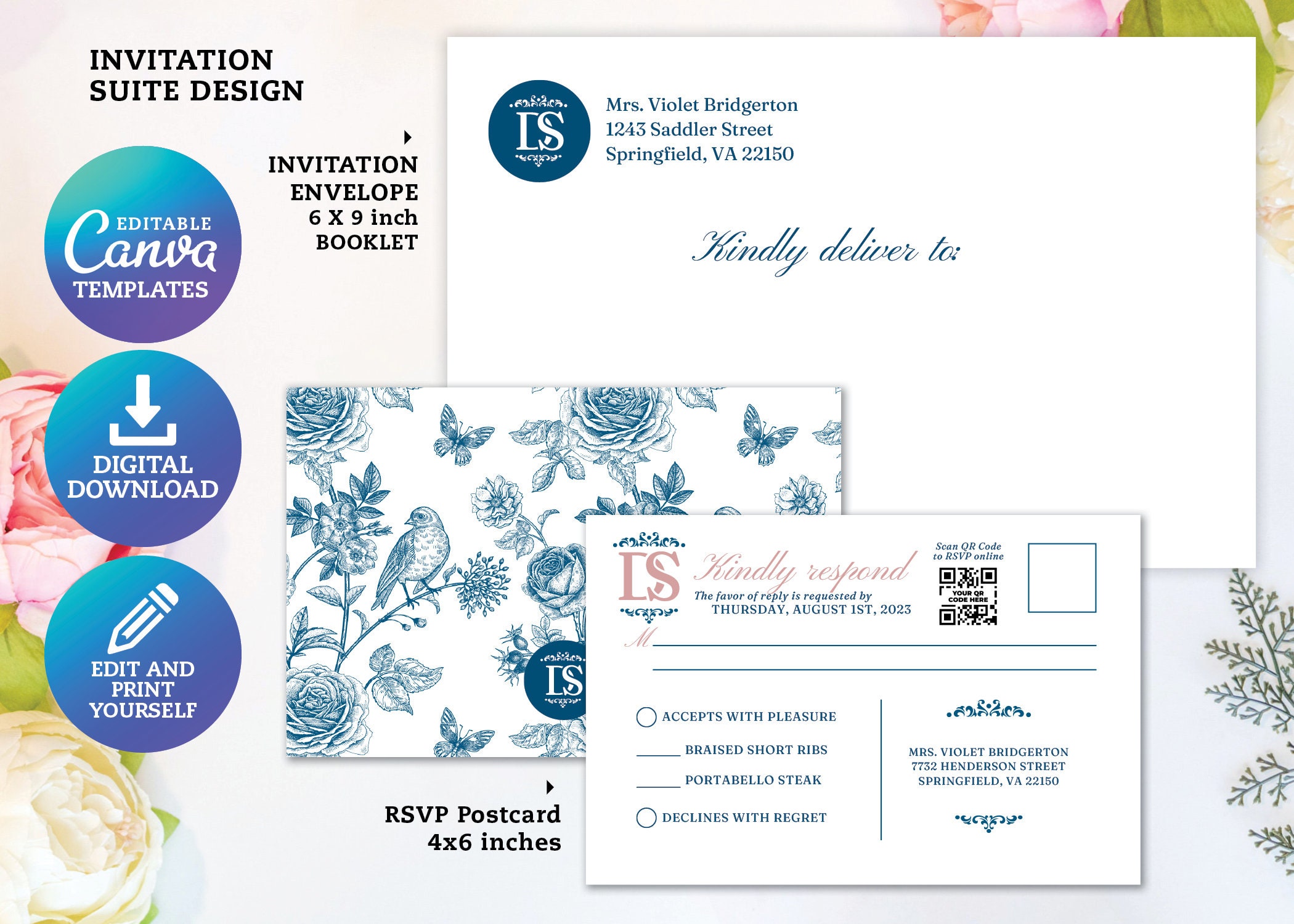 Regency-style Blue Wedding Invitation Package: Digital, Instant ...