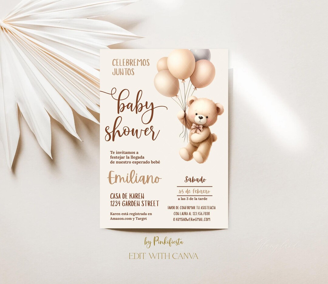 Editable Teddy Bear Neutral Baby Shower Invitation in Spanish: Canva ...
