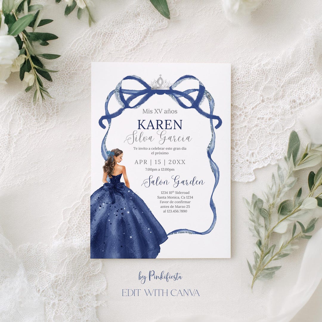 Navy Blue Quinceanera Invitation in Spanish: Canva Editable Template ...