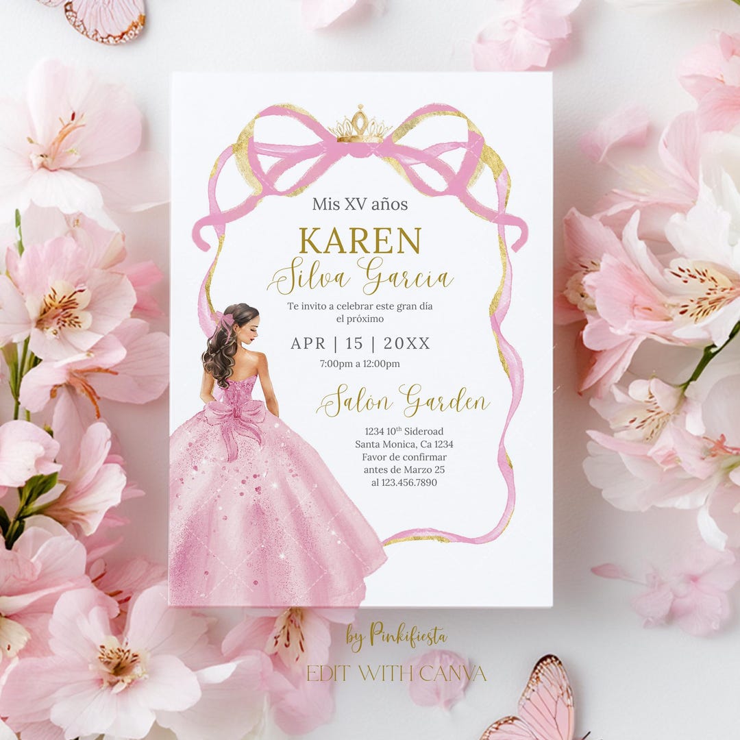 Pink Quinceanera Invitation in Spanish: Canva Editable Template ...