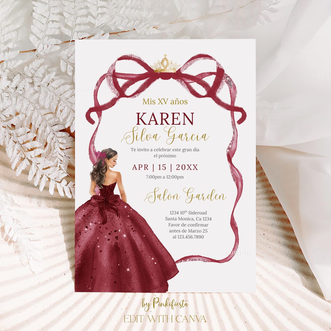 Burgundy Quinceanera Invitation in Spanish: Canva Editable Template ...