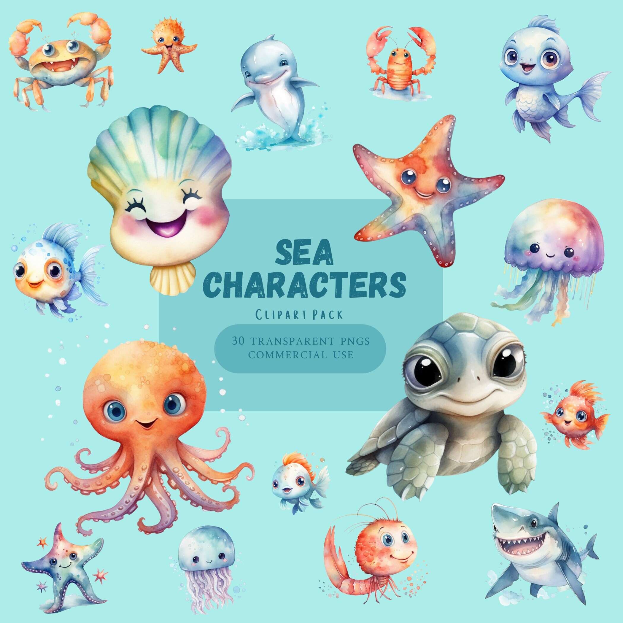 Sea Characters Clip Art, Undersea Watercolor Clipart, Cute Ocean ...