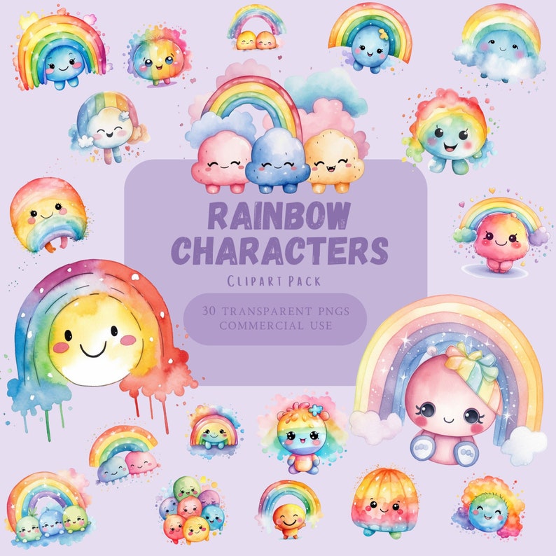 Rainbow Characters Clip Art Watercolor Digital Product - Etsy