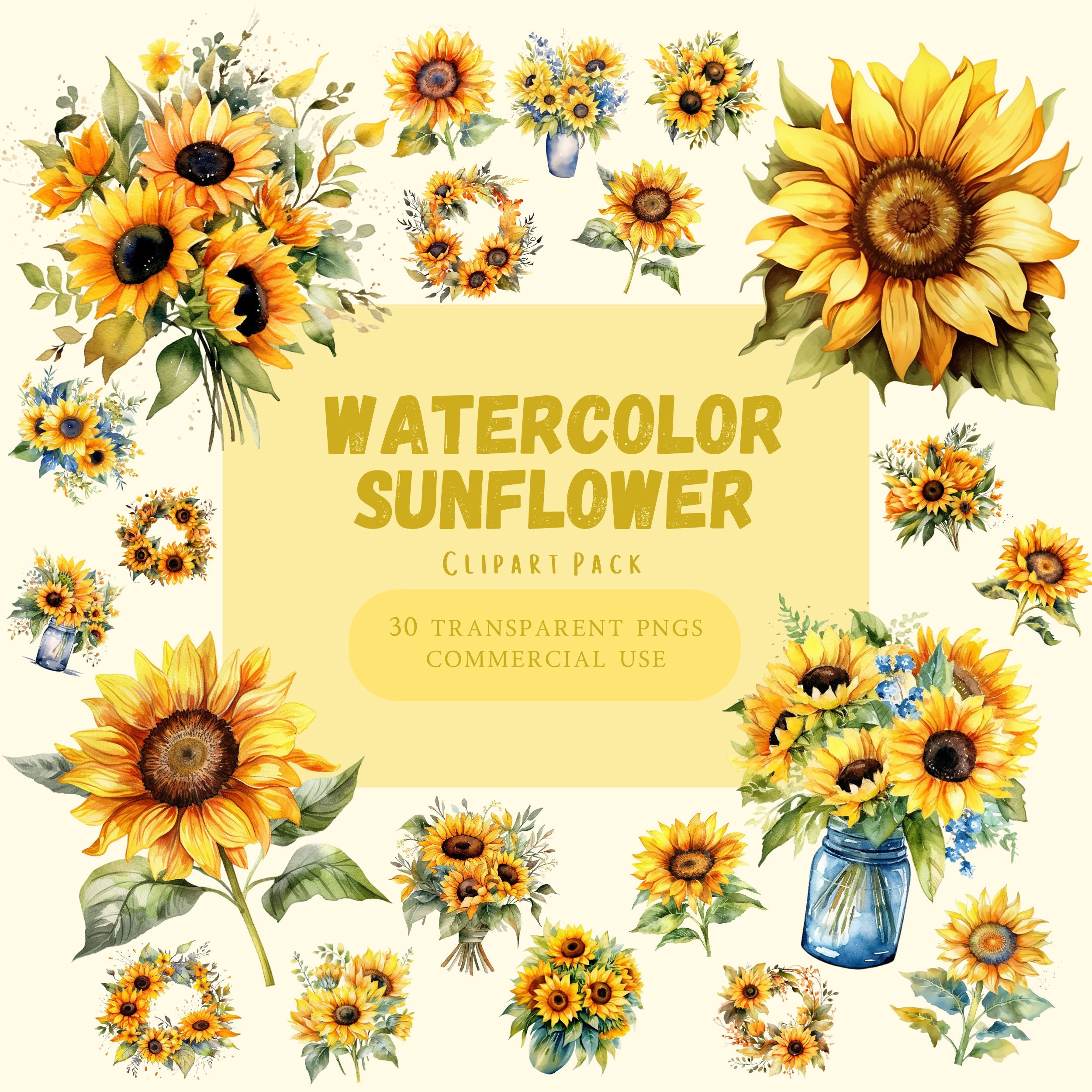 Sunflowers Clip Art, Watercolor Sunflowers Clipart Bundle, Floral ...