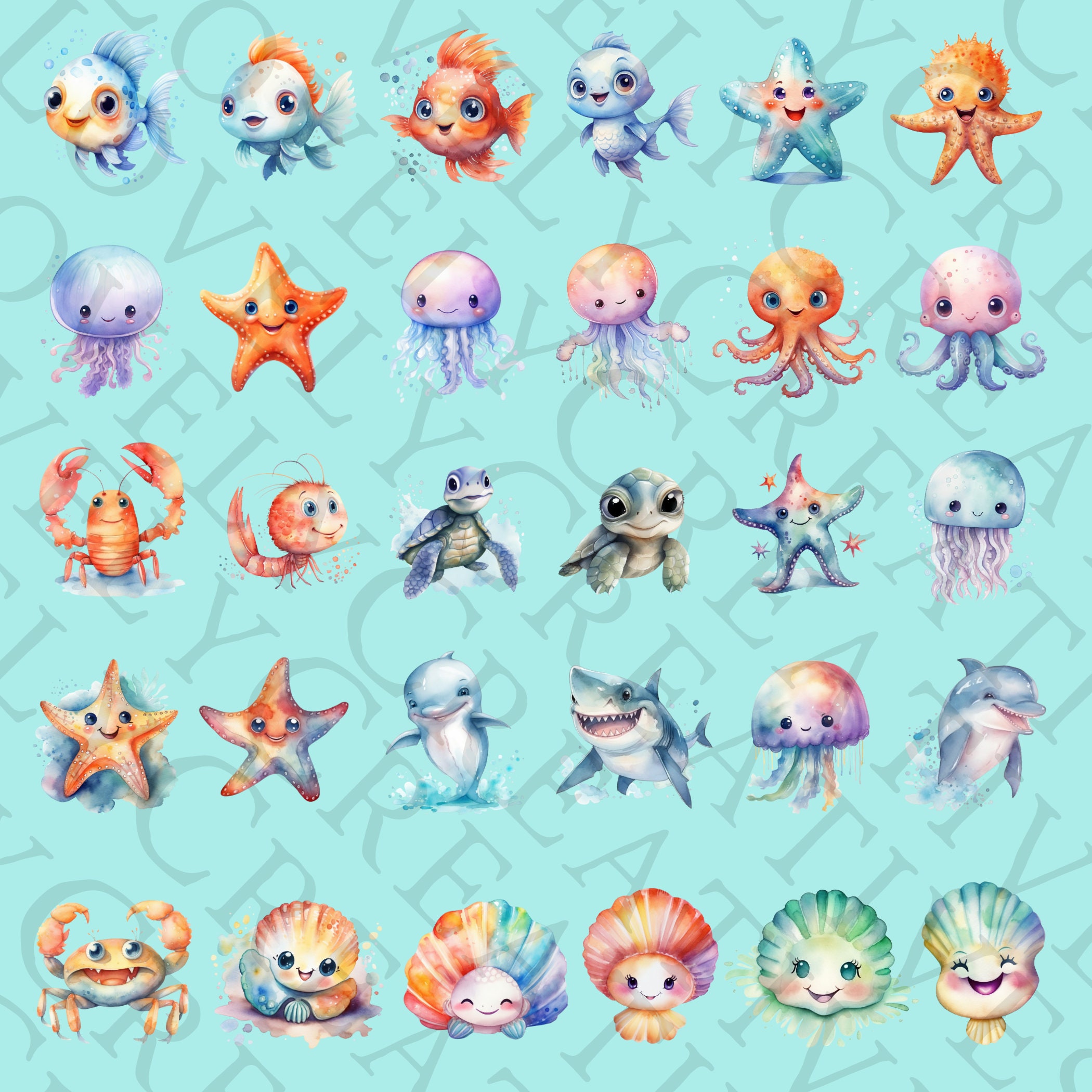 Sea Characters Clip Art, Undersea Watercolor Clipart, Cute Ocean ...