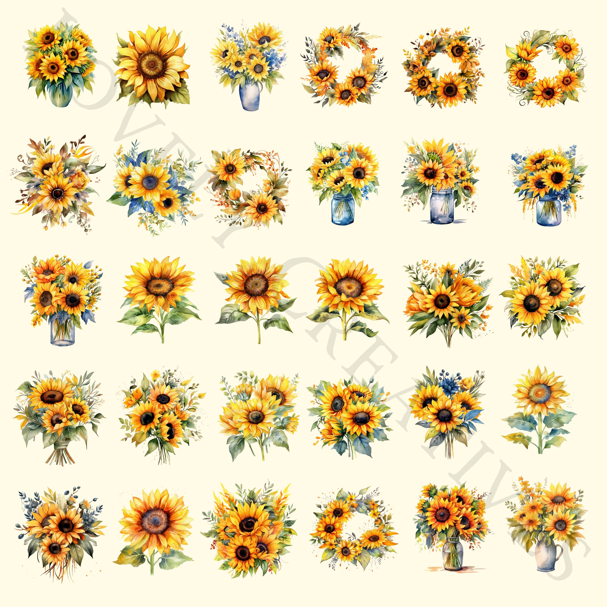 Sunflowers Clip Art, Watercolor Sunflowers Clipart Bundle, Floral ...