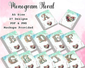 A5 Notebook Cover Floral Monogram Digital Journal Covers Png Printable ...