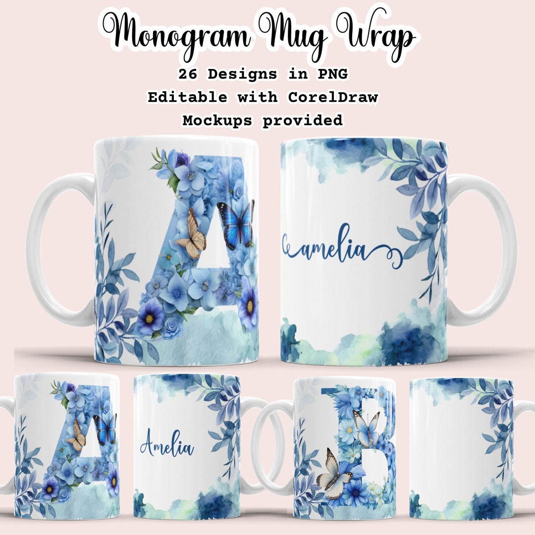 Monogram Coffee Sublimation Mug Png Butterfly Mug Wrap Alphabet 26 ...