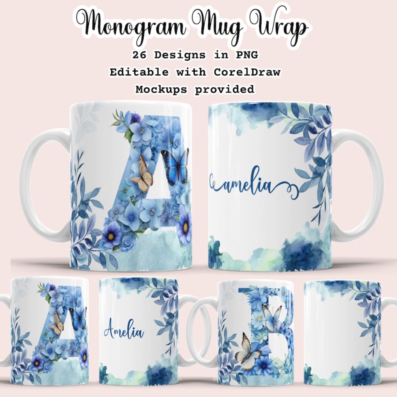 Monogram Coffee Sublimation Mug Png Butterfly Mug Wrap Alphabet 26 ...
