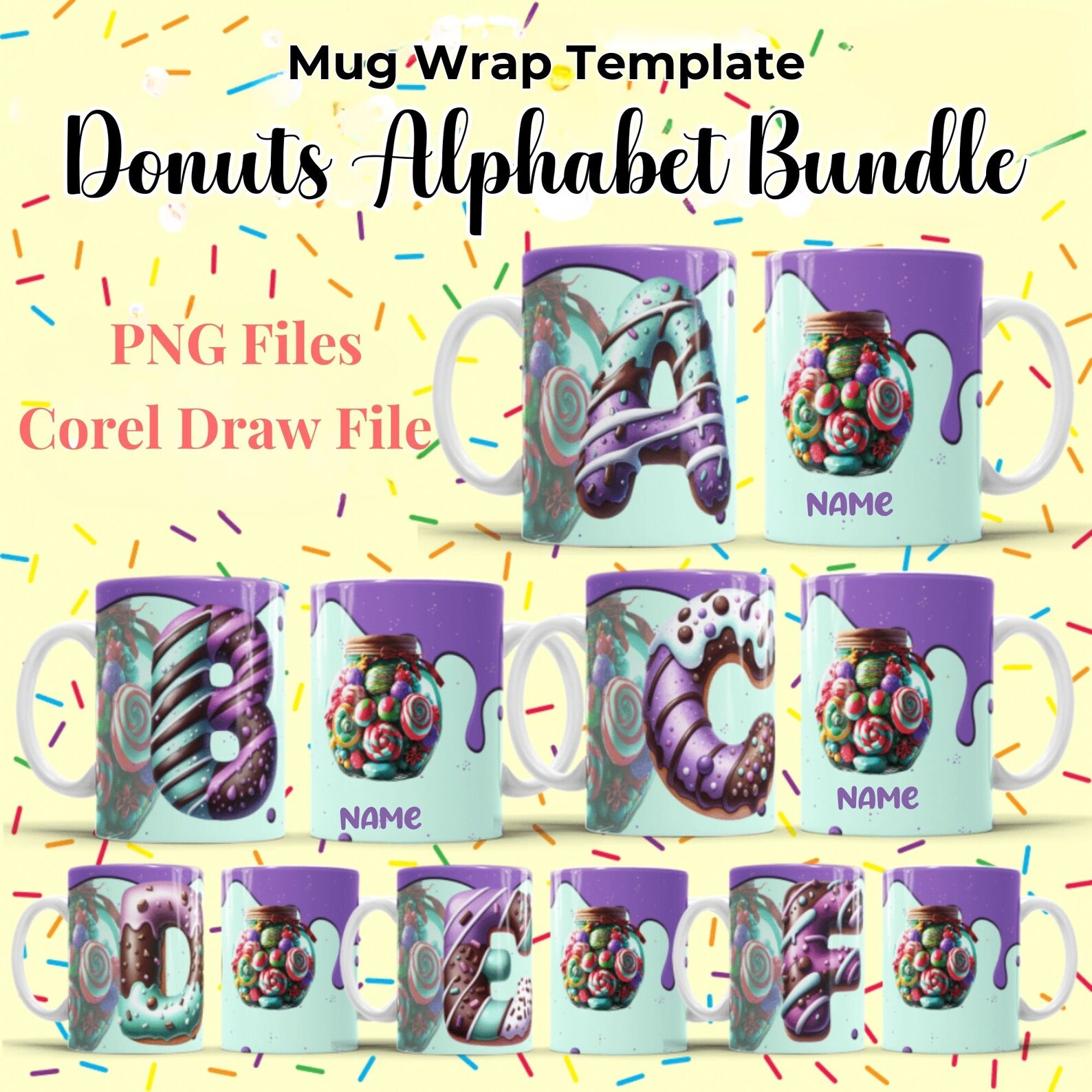 Donuts Mug Wrap Png Bundle Personalized Sweet Donut Mug Design Bundle ...