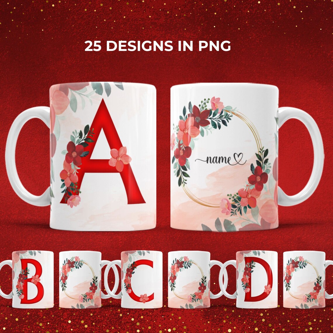 Monogram Floral Alphabet Mug Wrap Png Sublimation Mug Designs Initials ...