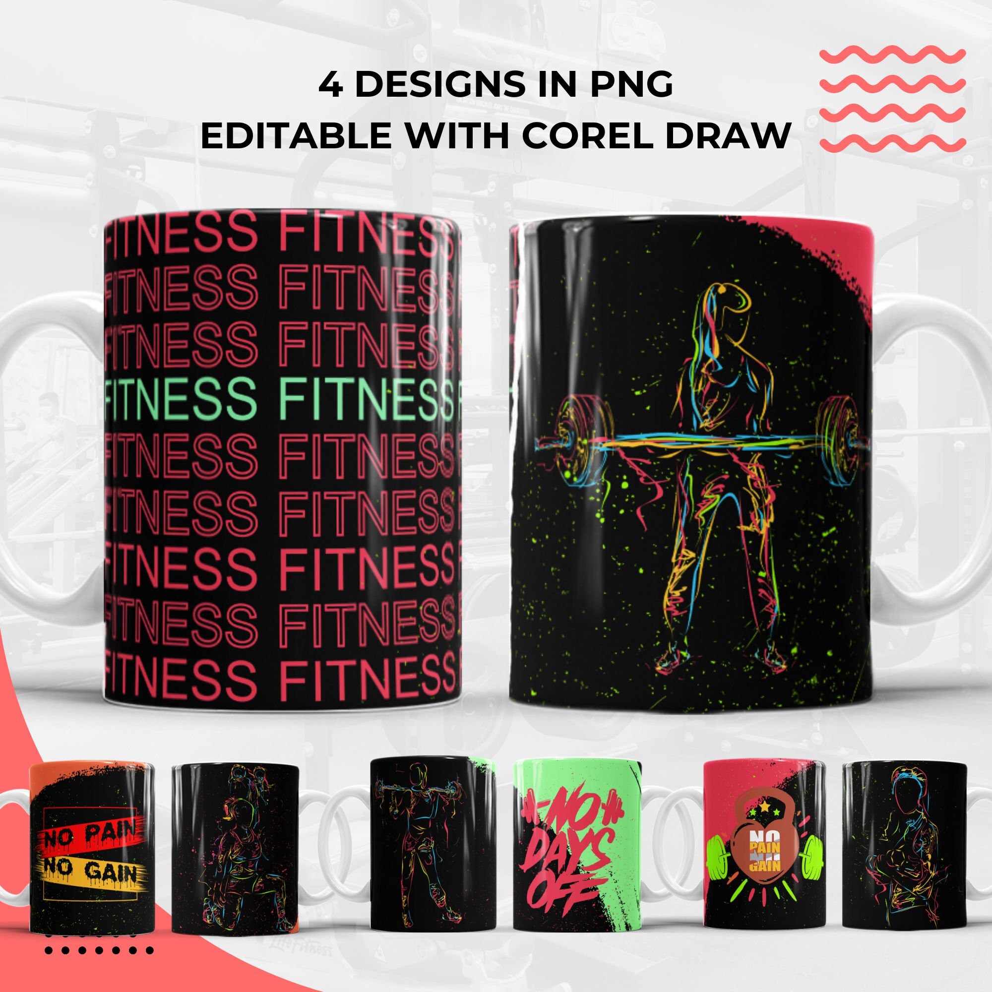 Female Bodybuilder Mug Wrap Template No Pain No Gain PNG Workout Gifts ...