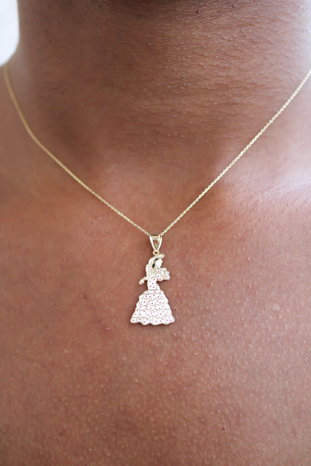 14k Solid Gold Tango, Salsa Pendant, Pink & White Enamel Necklace ...
