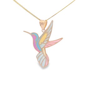 14k Solid Gold Humming Bird Pendant Hand-painted Charm Pink and Green ...