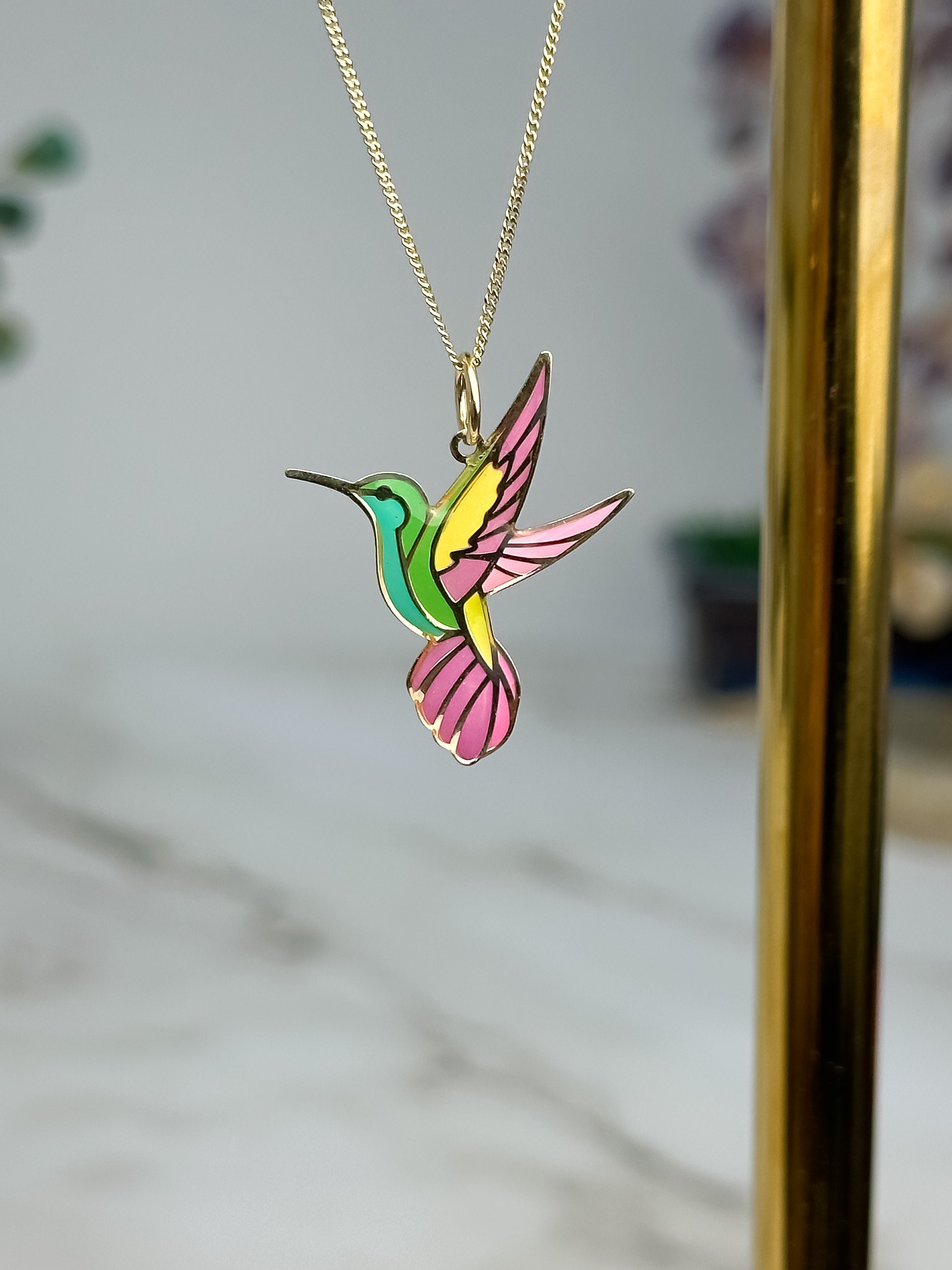 14k Solid Gold Humming Bird Pendant Hand-painted Charm Pink and Green ...