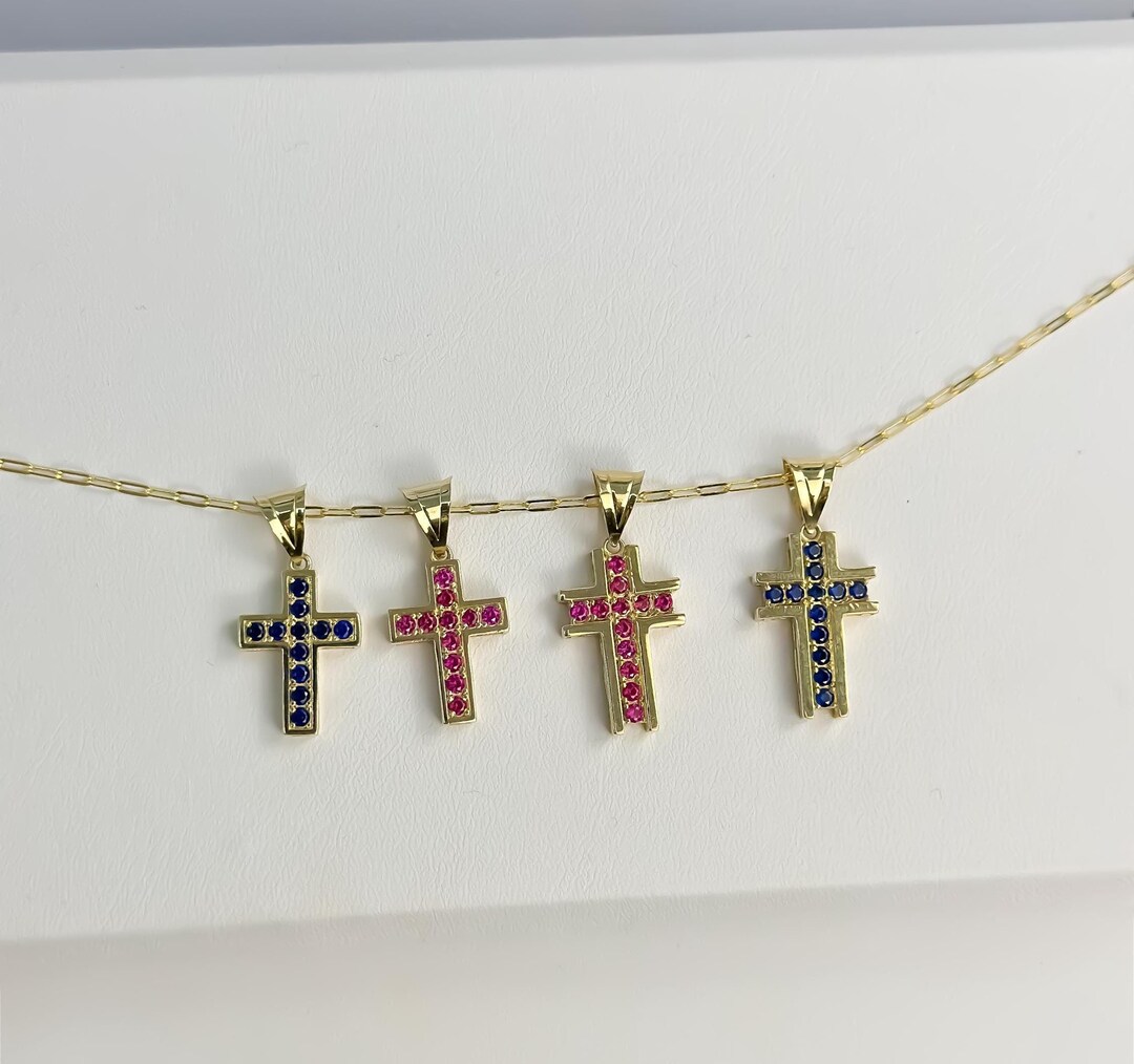 14k Solid Gold - Cross Pendant Hand-painted Charm With Cubic Zirconia ...