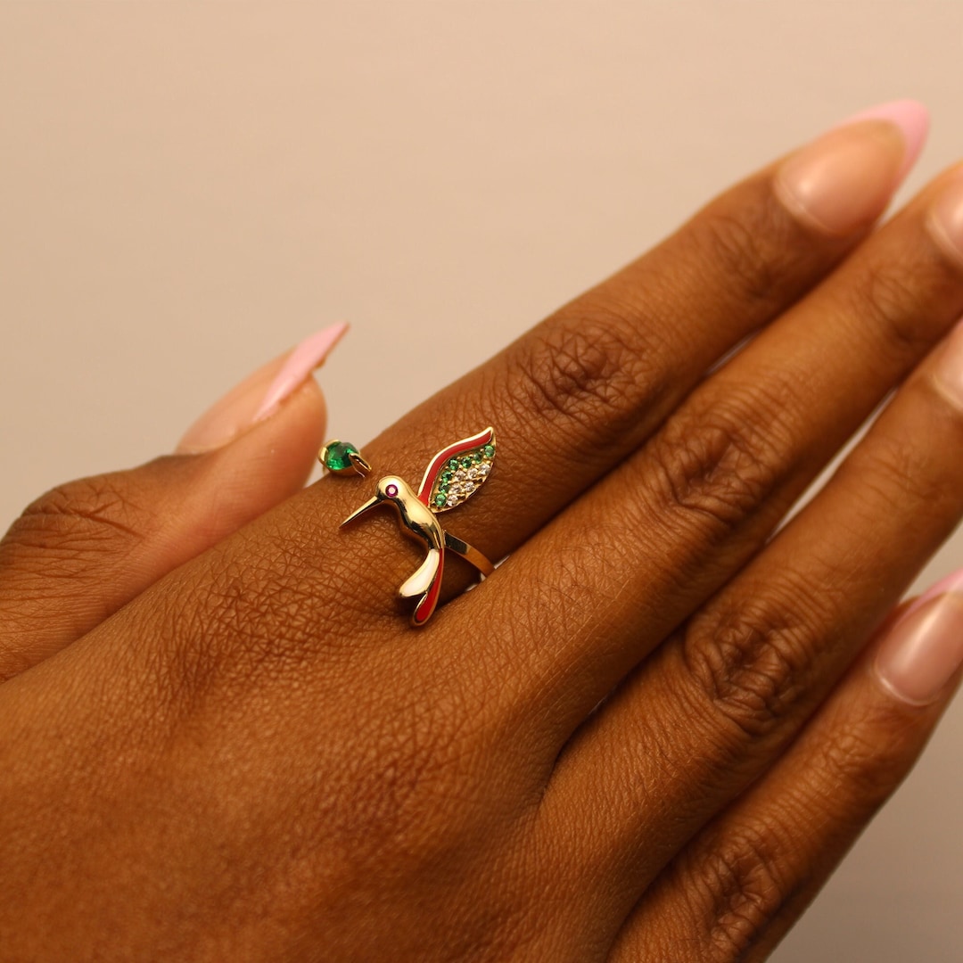 14k Solid Gold Hummingbird Ring, Adjustable, Animal Bird Ring With ...