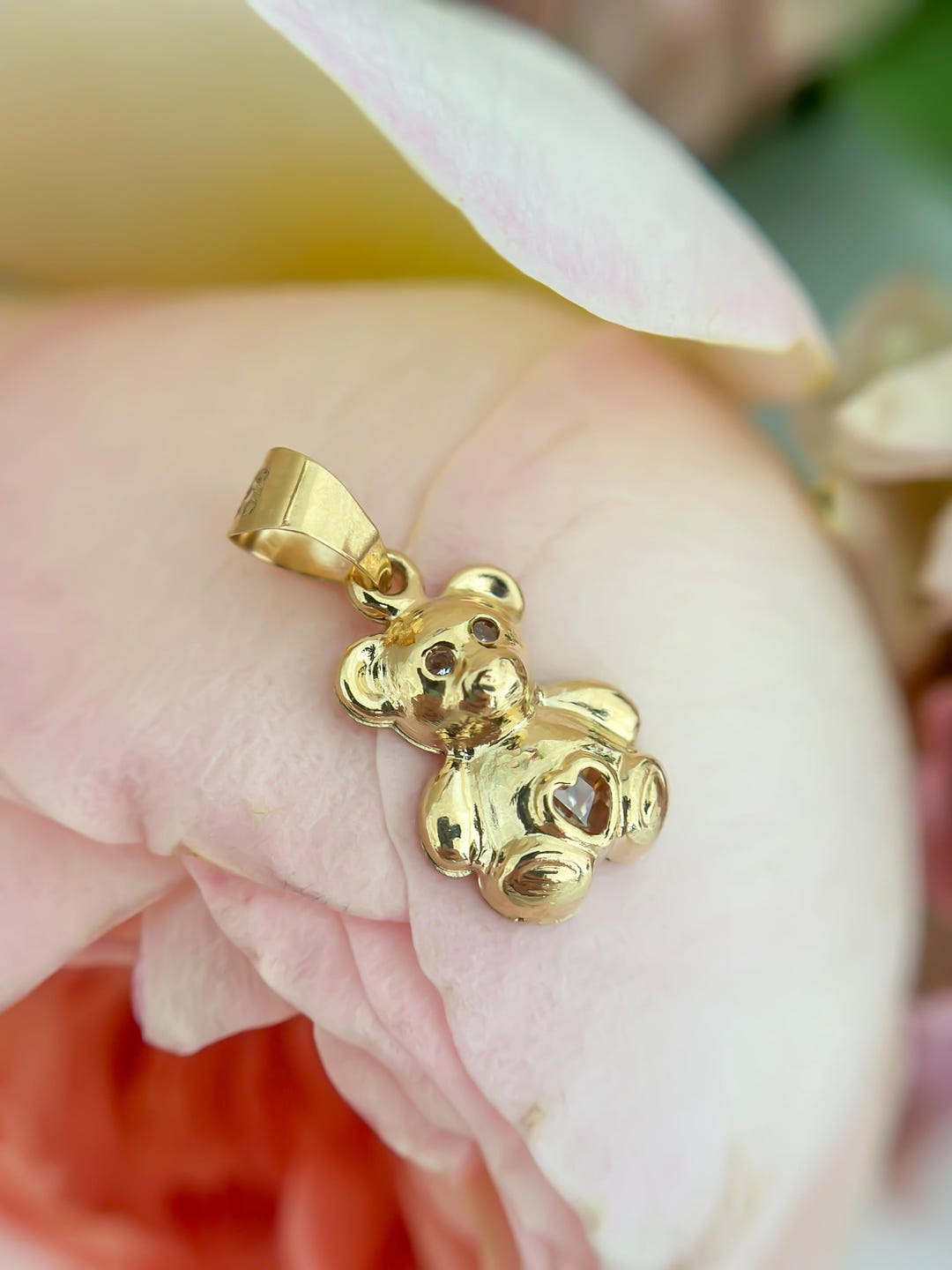14k Solid Gold Bear Necklace for Women, CZ Heart Pendant, Teddy Bear ...