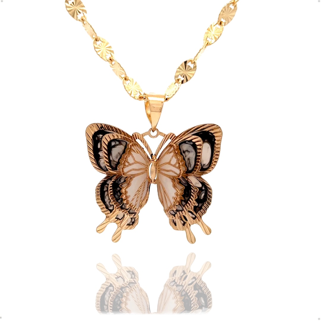 14k Solid Gold Butterfly Pendant Hand-painted Triple Charm 3D - Black ...