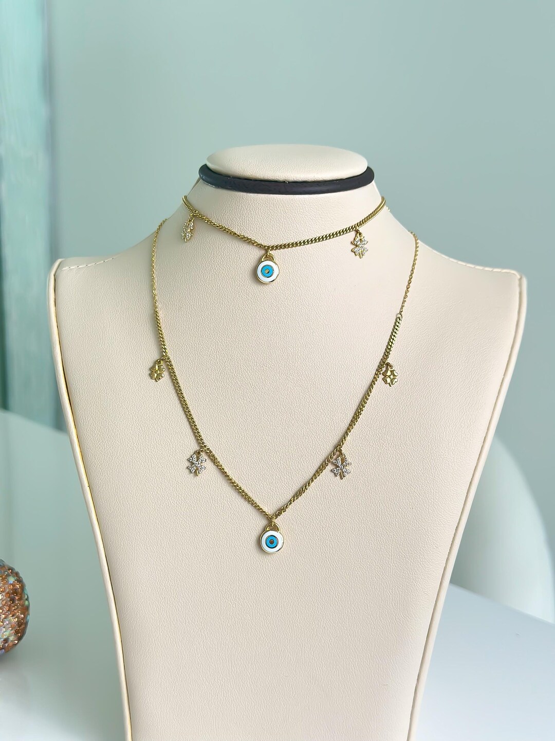 14k SOLID Gold Evil Eye With Clover Necklace, Cuban Link Chain and ...