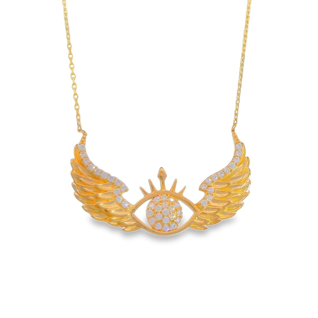 14k Yellow Gold Solid Angel Wings Evil Eye Necklace With Cubic Zirconia ...