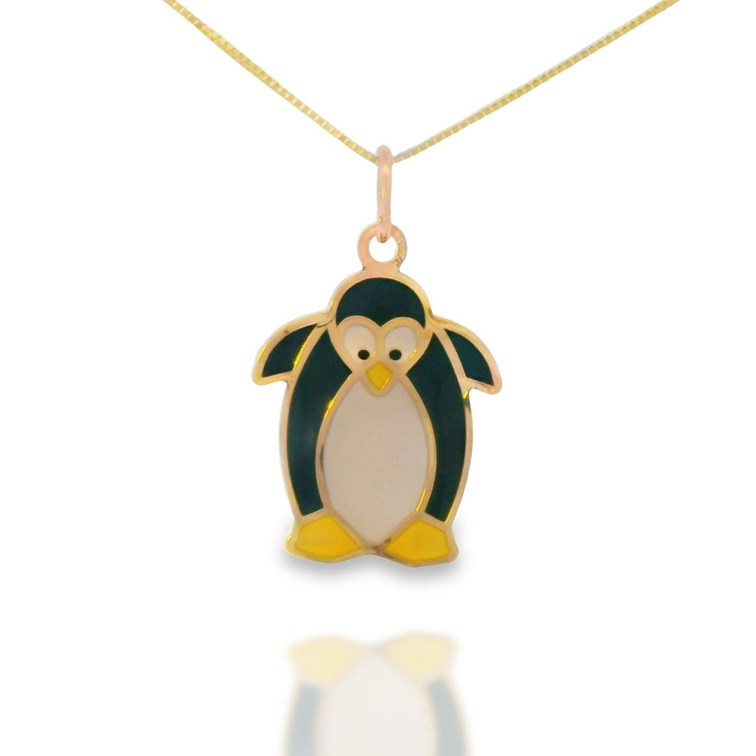 14k Solid Gold Penguin Pendant Hand-painted Charm Necklace, Animal ...