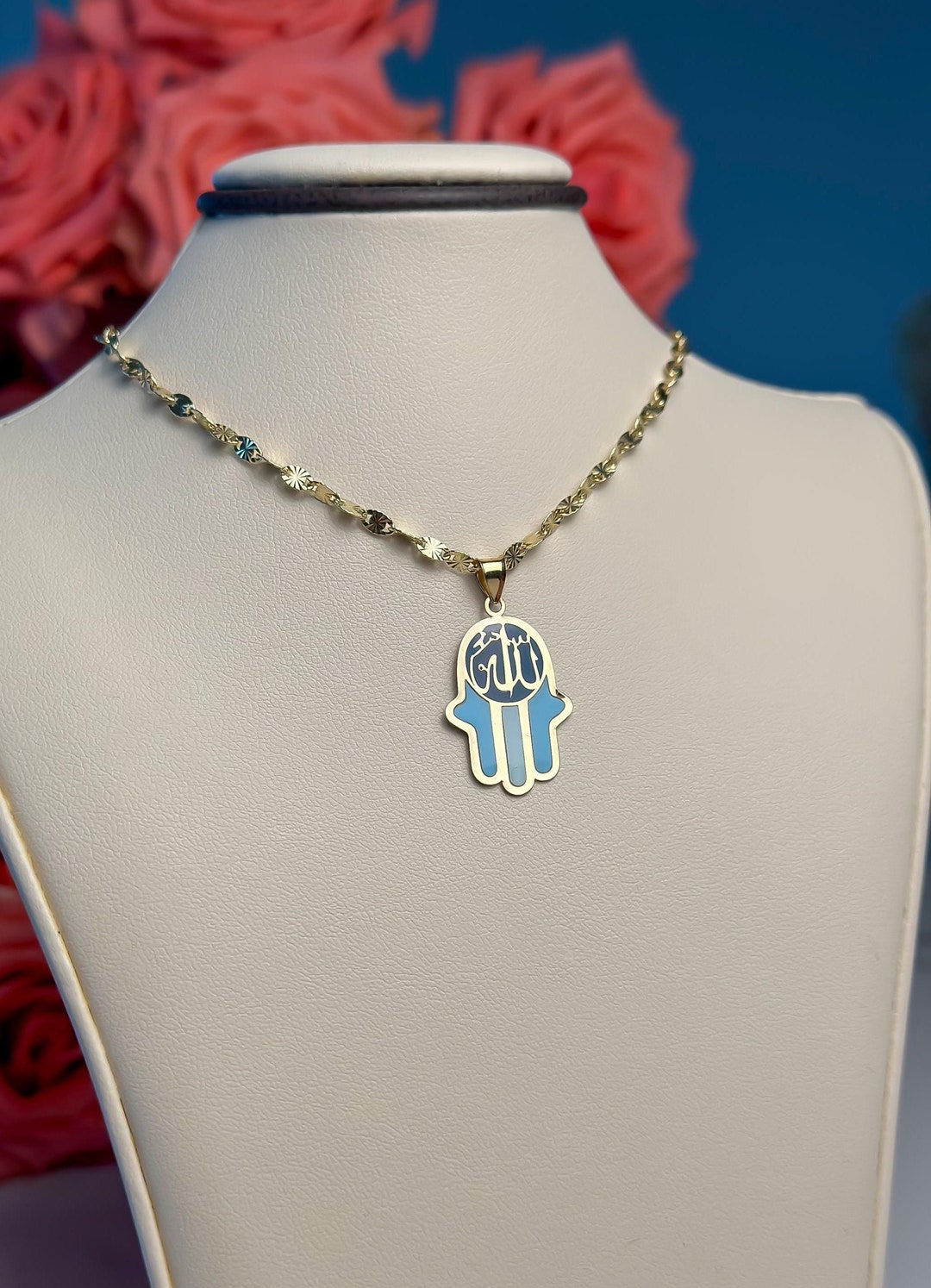 14k Solid Gold Blue Hand-painted Fatima Hand With Allah Calligraphy ...