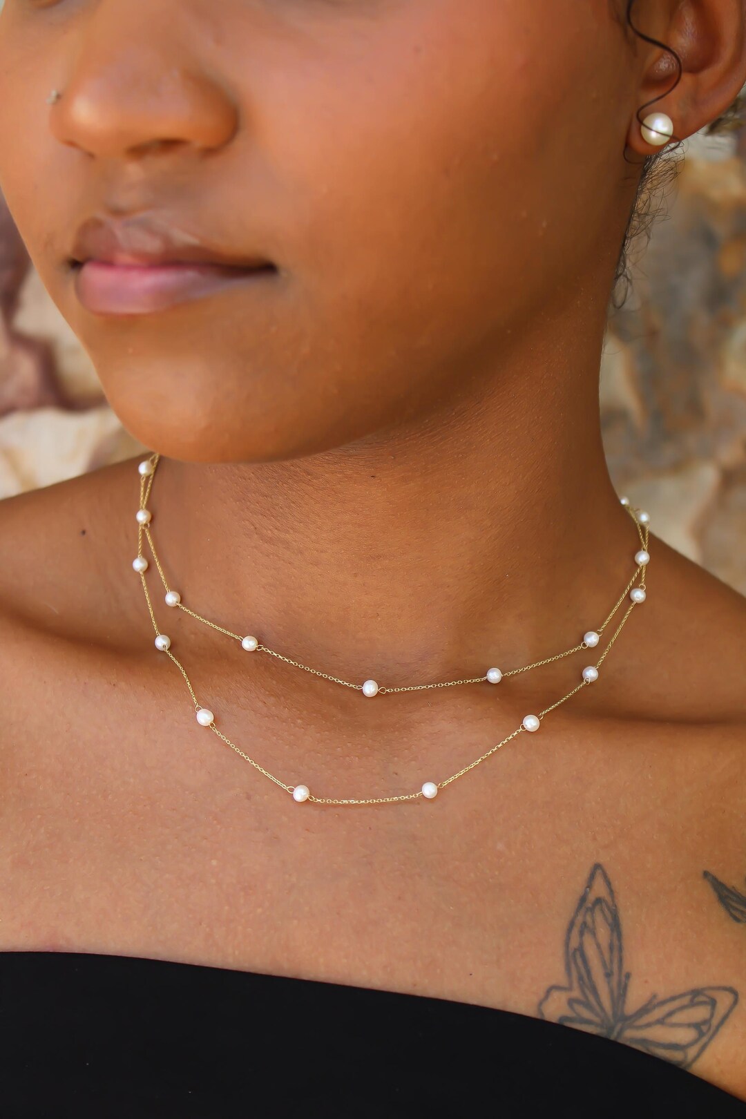 14k SOLID Gold Small Real Pearl, Authentic Pearl Necklace 1mm Cable ...