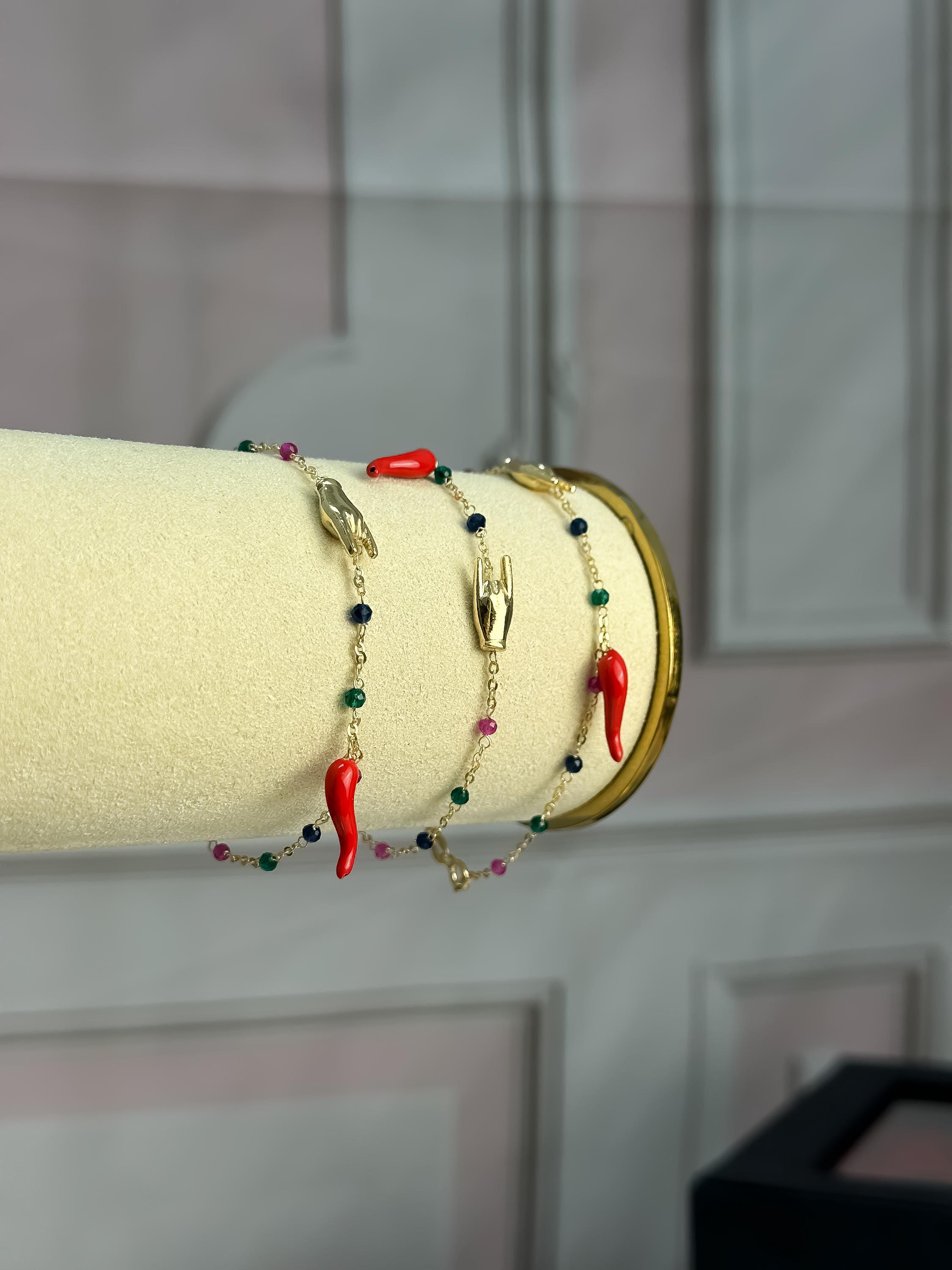 14k Solid Gold Italian Cornicello Bracelet, Mano Cornuto, Red Horn ...