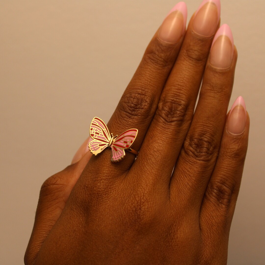 14k Solid Gold Pink Butterfly Ring, Hand-painted Animal Ring - Gift for ...