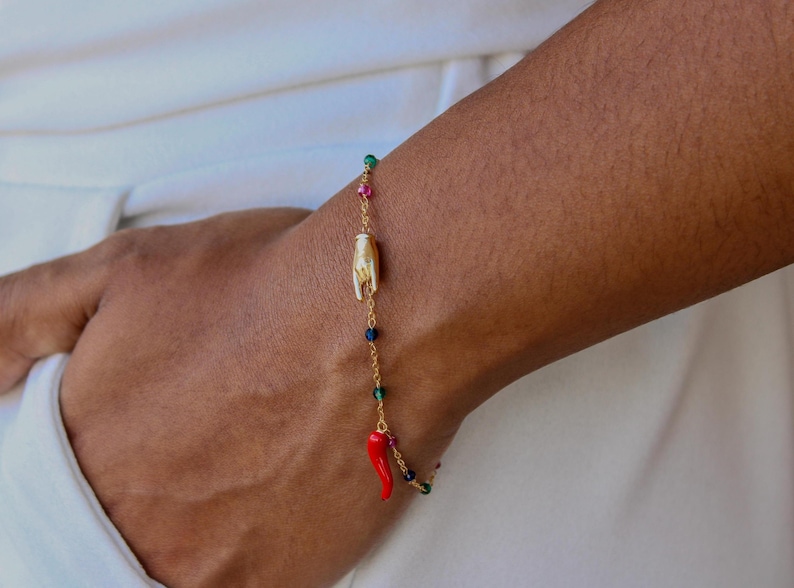 14k Solid Gold Italian Cornicello Bracelet, Mano Cornuto, Red Horn ...