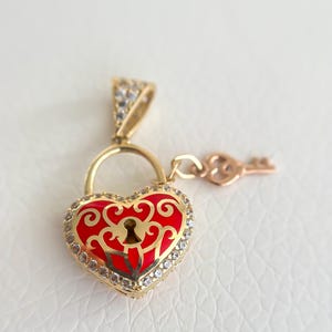 14k Solid Gold Lock Pendant, Key Charm, Necklace, Cubic Zirconia, Pink ...