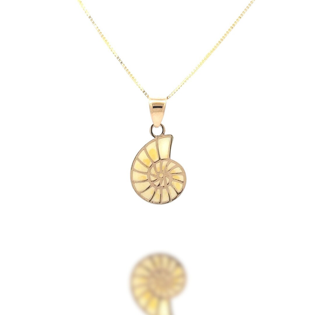 14k Solid Gold Ammonite Shell Pendant Hand-painted Sea Shell Charm ...