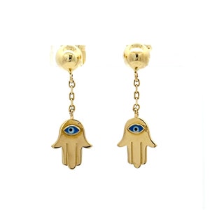 14k Solid Gold Evil Eye With Hamsa Hand Earrings, Studs, Dainty Evil Eye Earring, Hand of Fatima ...
