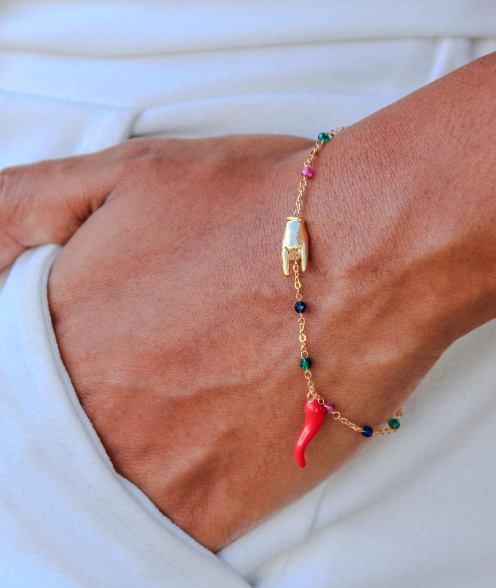 14k Solid Gold Italian Cornicello Bracelet, Mano Cornuto, Red Horn ...
